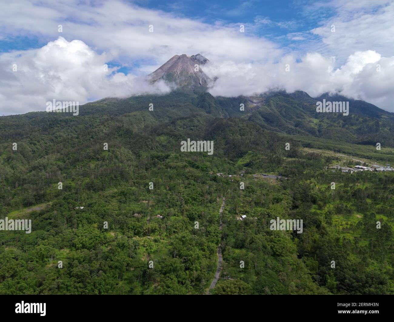 Aerial view of Mount Merapi Landscape with rice field and village in ...