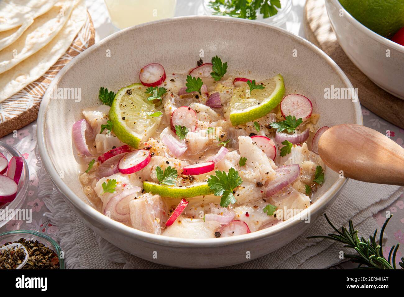 Close-up of a Peruvian ceviche with pieces of fish and lemons Stock ...