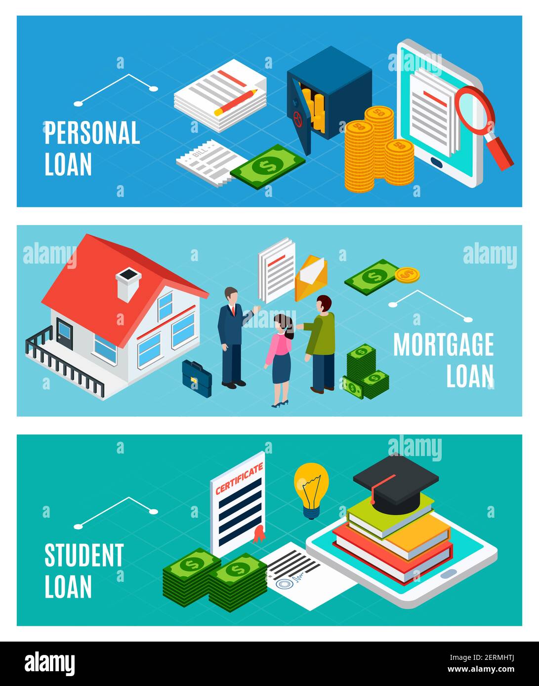Loans isometric horizontal banners set with three compositions of ...