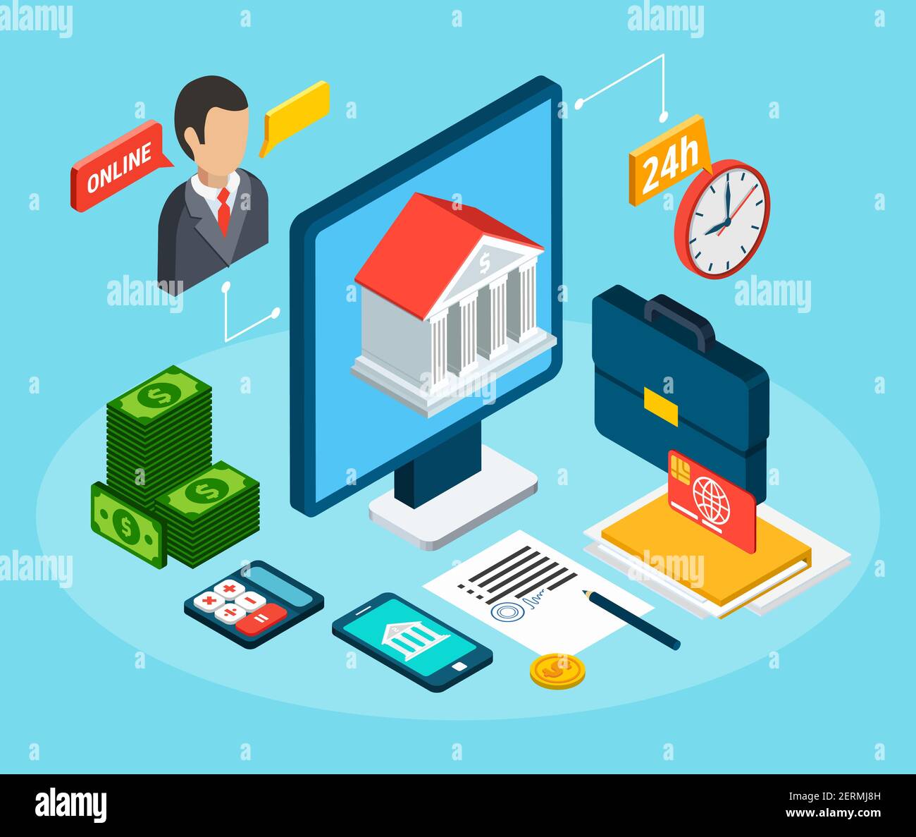 Loans isometric composition with set of workplace icons with office ...