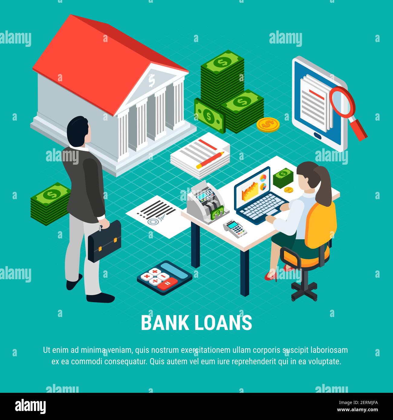 Loans isometric background composition with editable text icons of ...