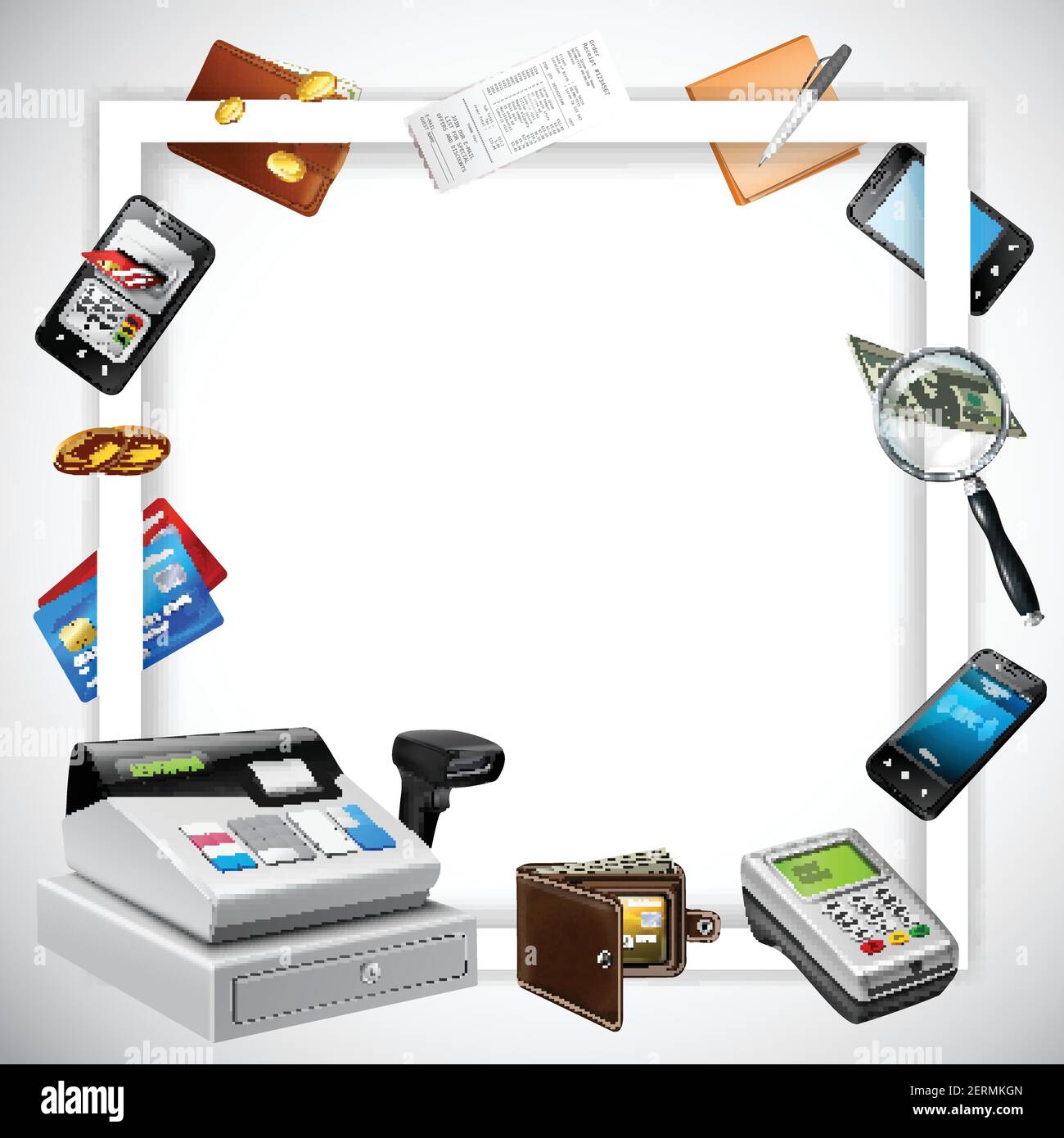 White square frame with realistic payment elements money cards ...