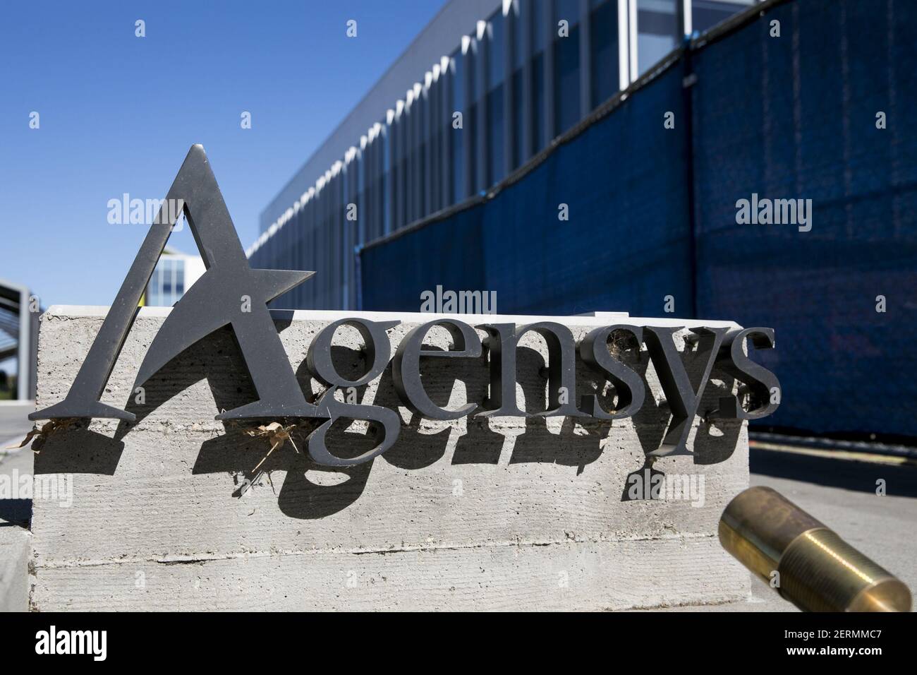 A logo sign outside of the former headquarters of Agensys in Santa ...