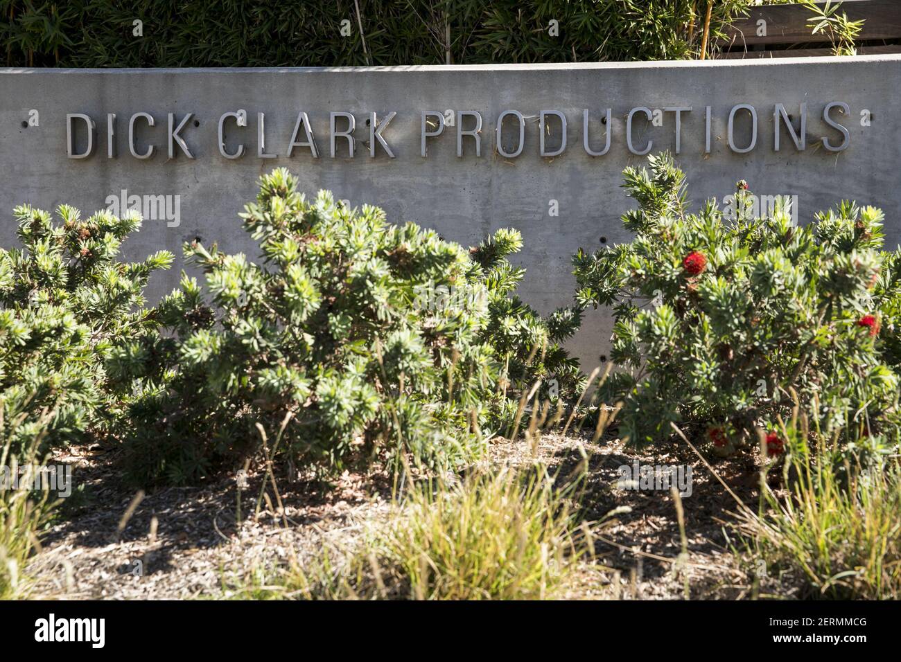 A logo sign outside of the headquarters of Dick Clark Productions in ...