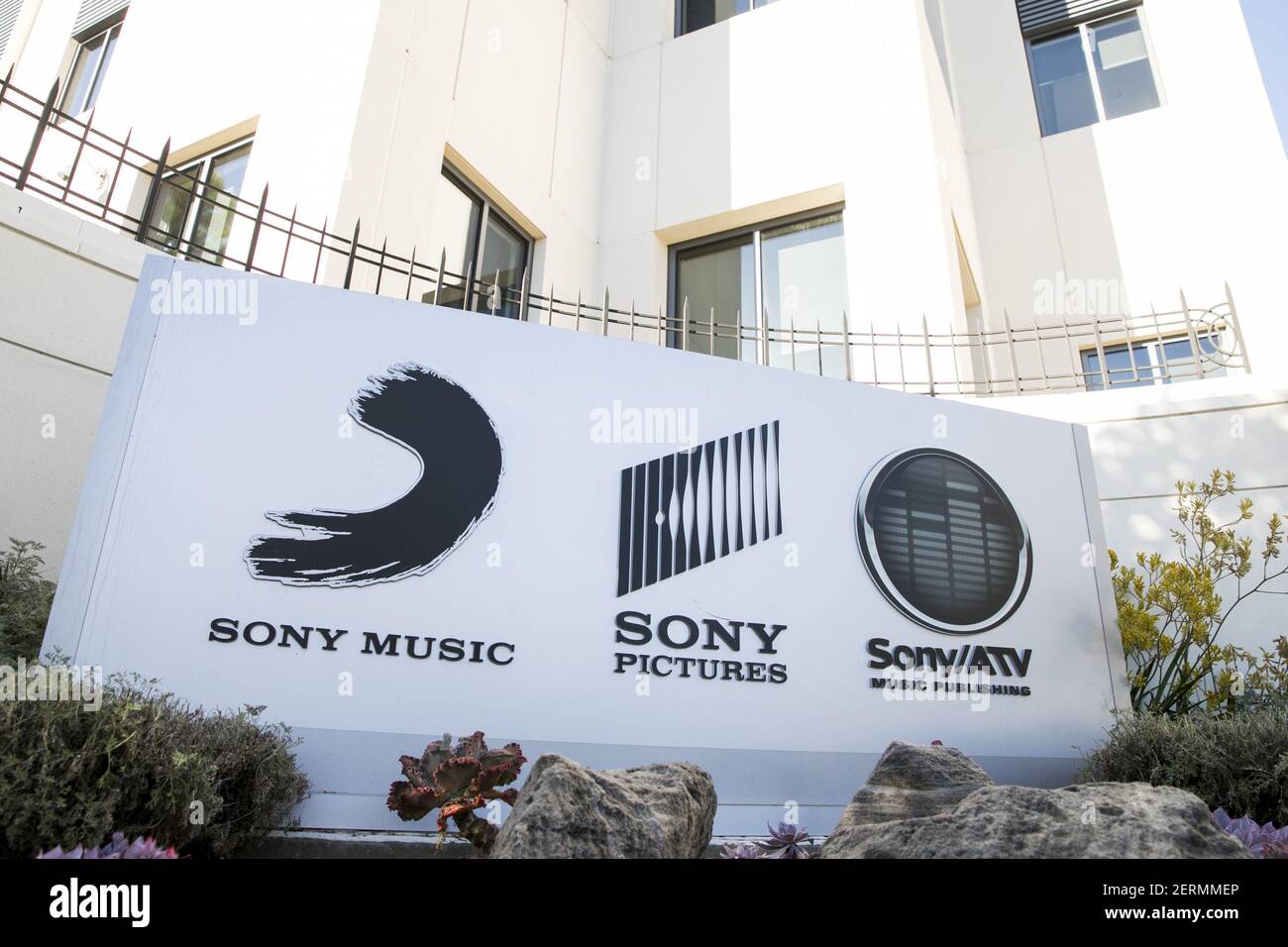 A logo sign outside of the headquarters of Sony Pictures Entertainment ...