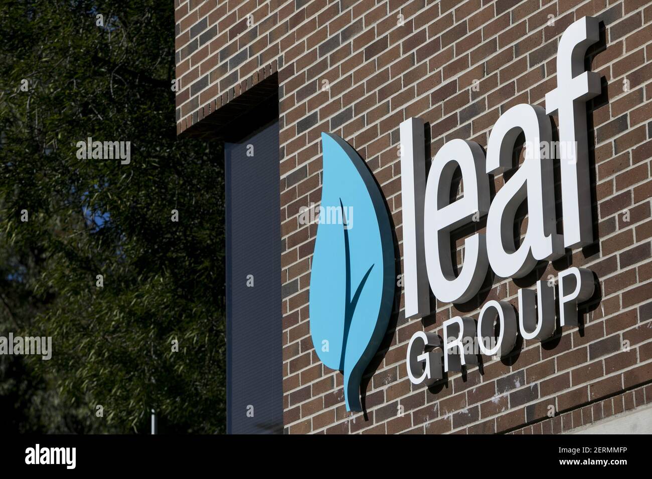 A logo sign outside of the headquarters of the Leaf Group in Santa ...