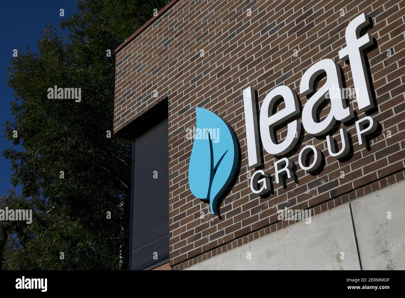 A logo sign outside of the headquarters of the Leaf Group in Santa ...