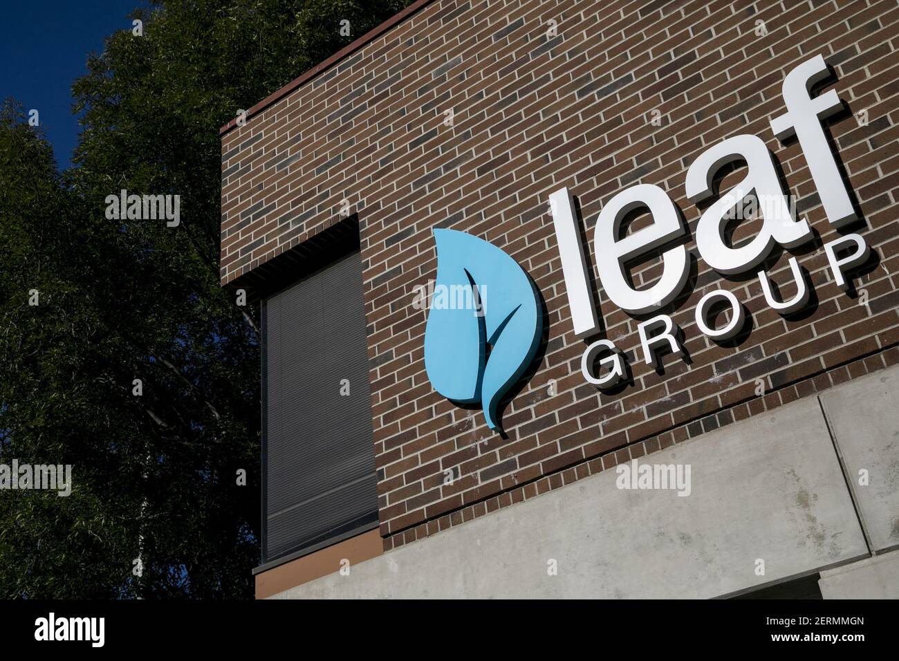 A logo sign outside of the headquarters of the Leaf Group in Santa ...