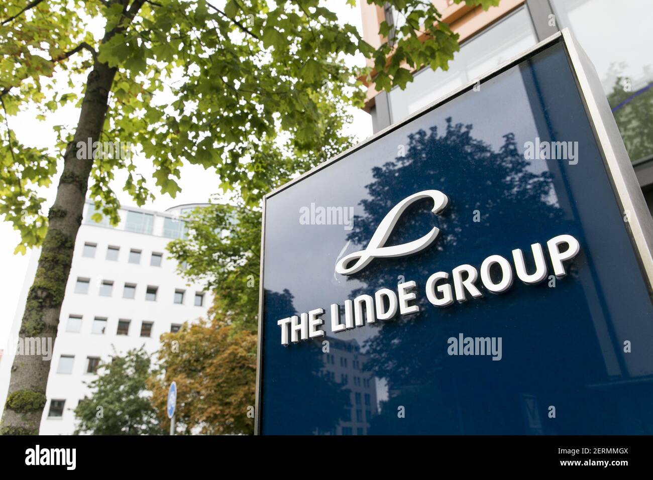 A logo sign outside of the headquarters of The Linde Group in Munich ...