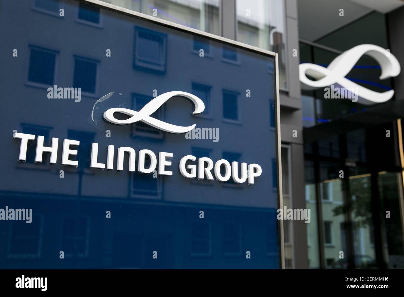 A logo sign outside of the headquarters of The Linde Group in Munich ...
