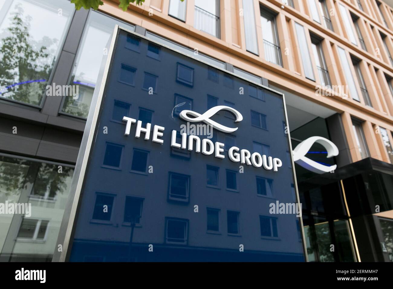 A logo sign outside of the headquarters of The Linde Group in Munich ...