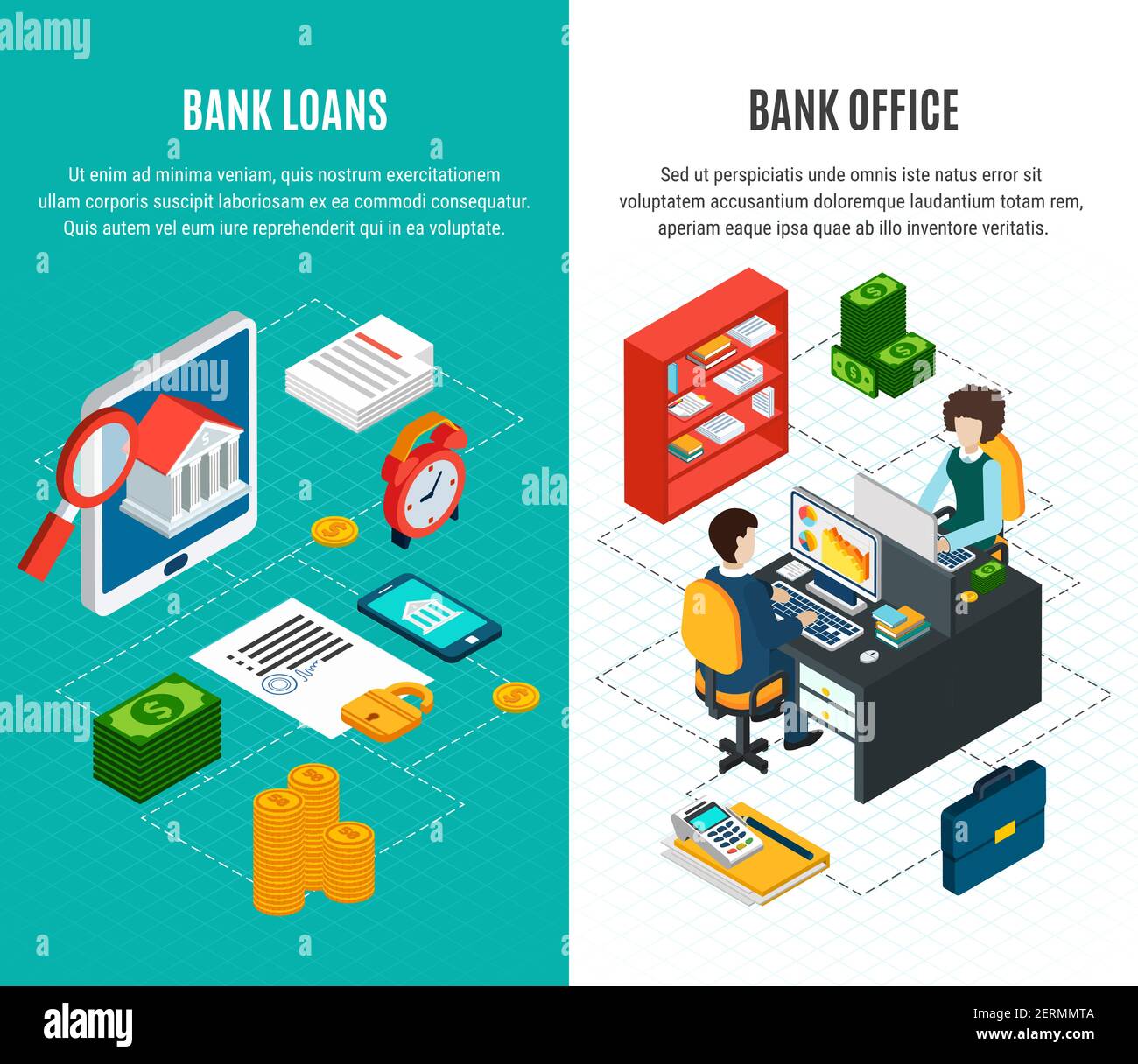 Loans isometric vertical banners set with two compositions of financial ...
