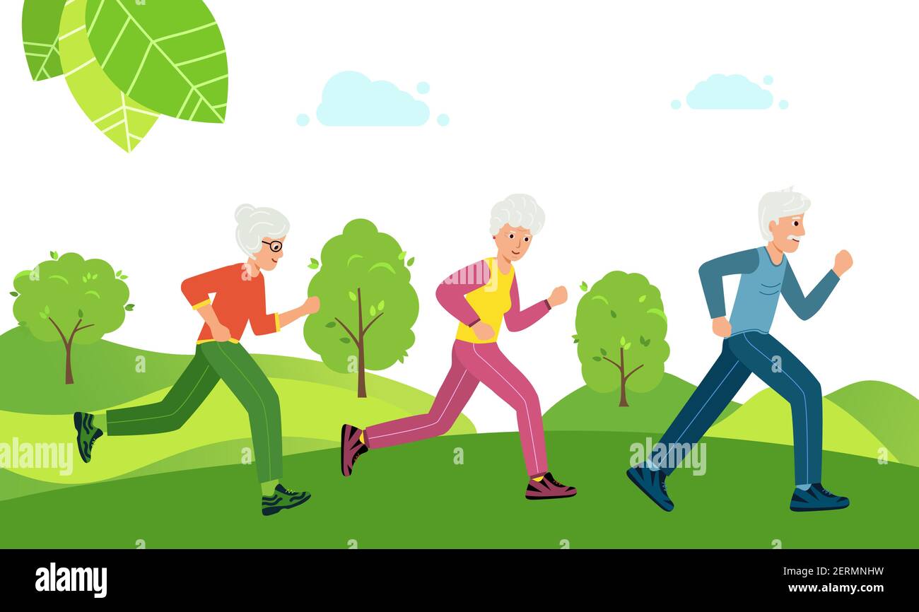 Older people play sports. Grandmother and grandfather run in park ...