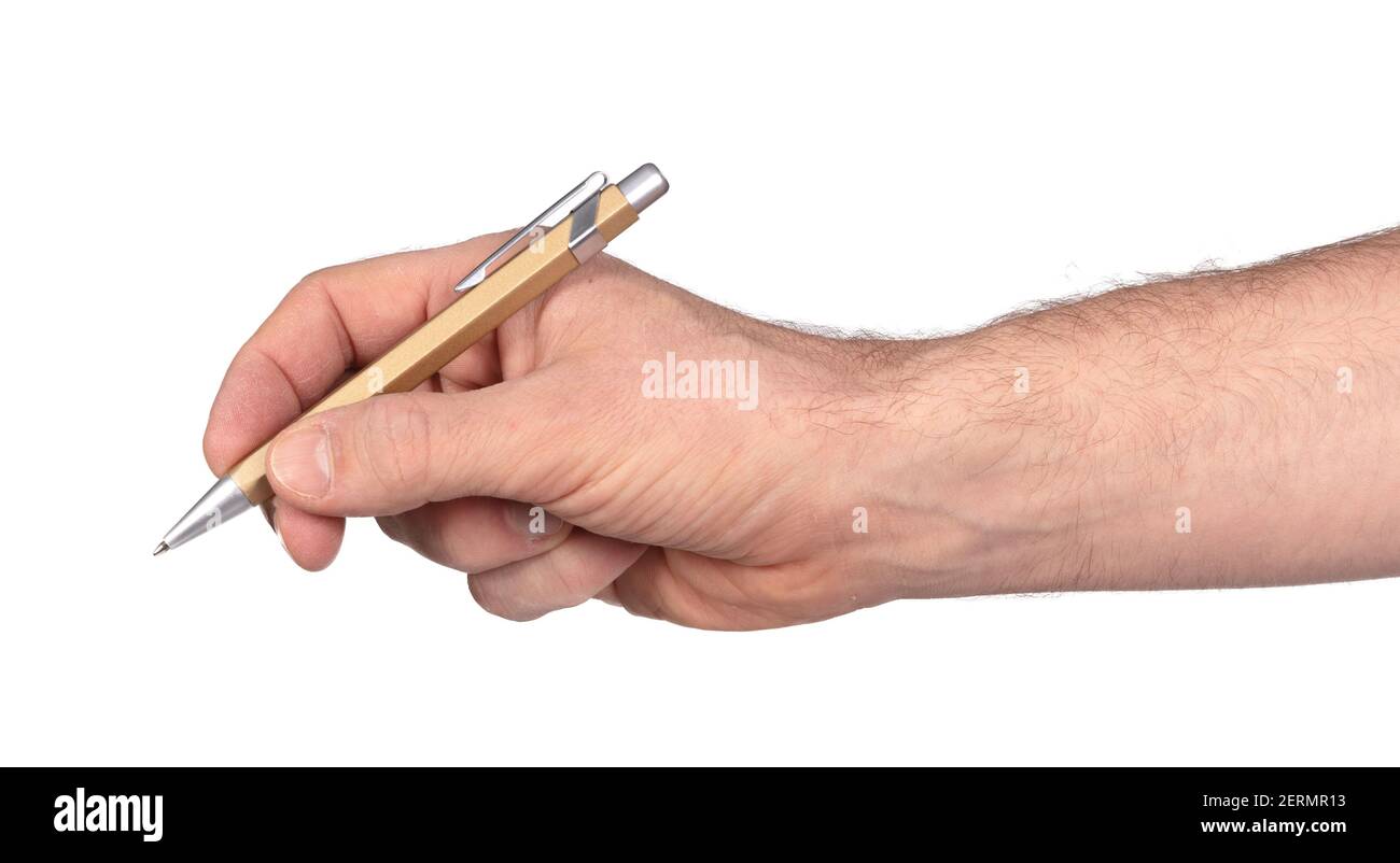 Hand holding pen, writing something - Isolated on white Stock Photo - Alamy