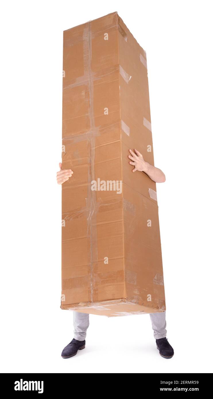 Man carrying a oversized cardboard box, isolated on white Stock Photo ...