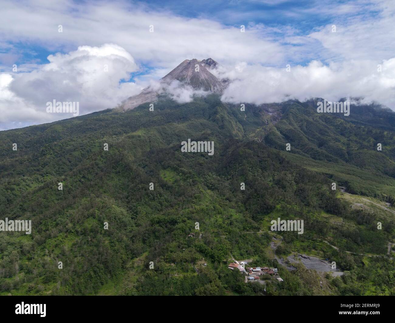 Aerial view of Mount Merapi Landscape with rice field and village in ...