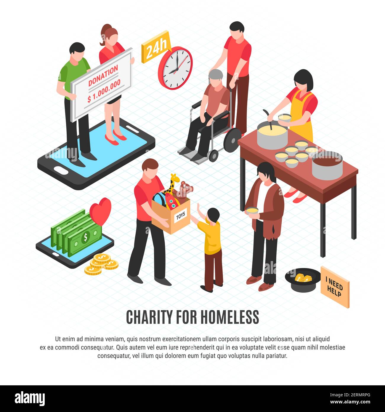 Charity for homeless design concept with volunteers donating toys money ...