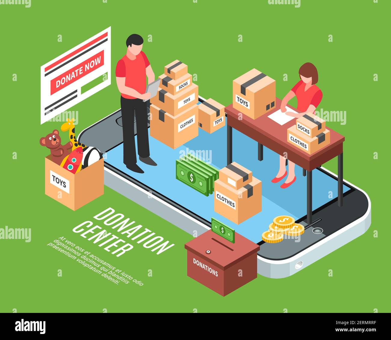 Donation center isometric composition with office employees sorting ...