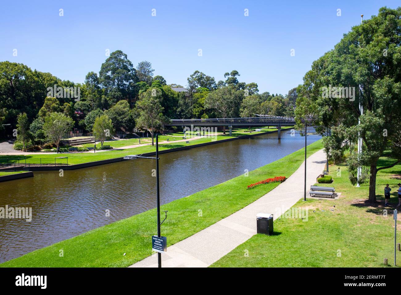Parramatta river in the city centre with green open space on the ...