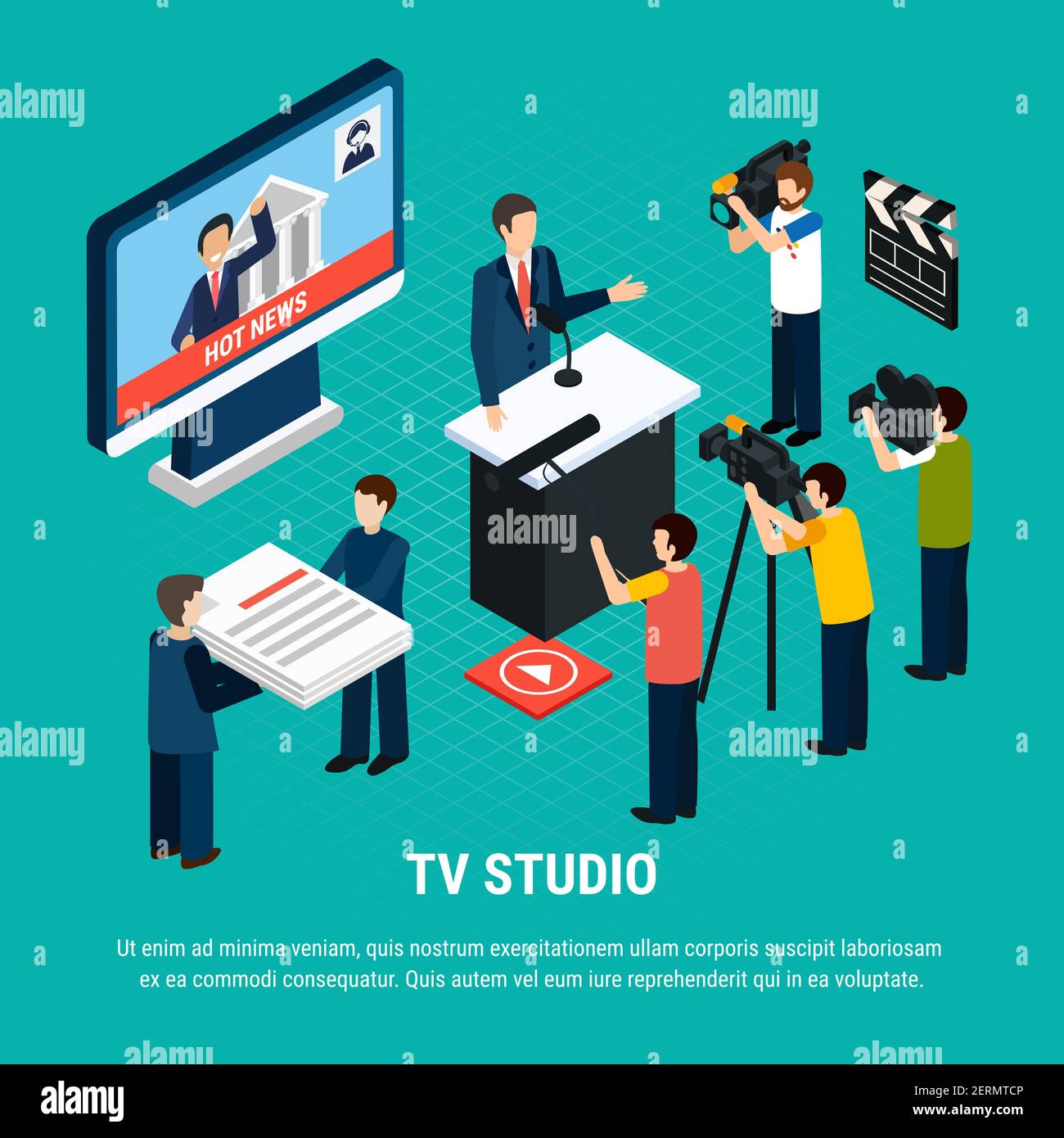 Photo video isometric background composition with editable text and ...