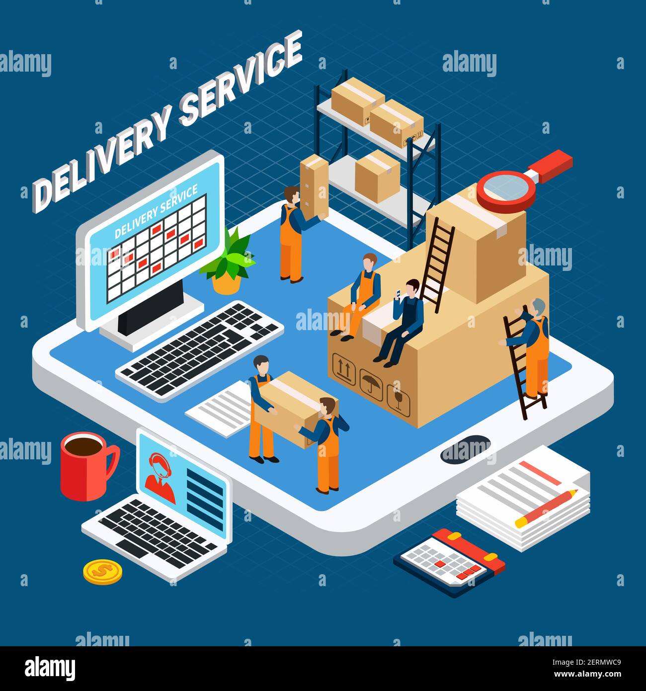 Logistics concept with delivery service workers on blue background 3d ...
