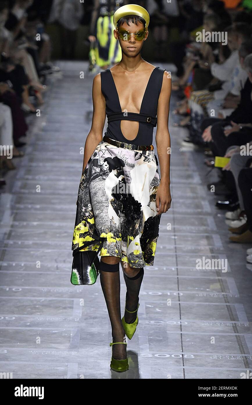 Model Alyssa Traore walks on the runway during the Prada Fashion show ...