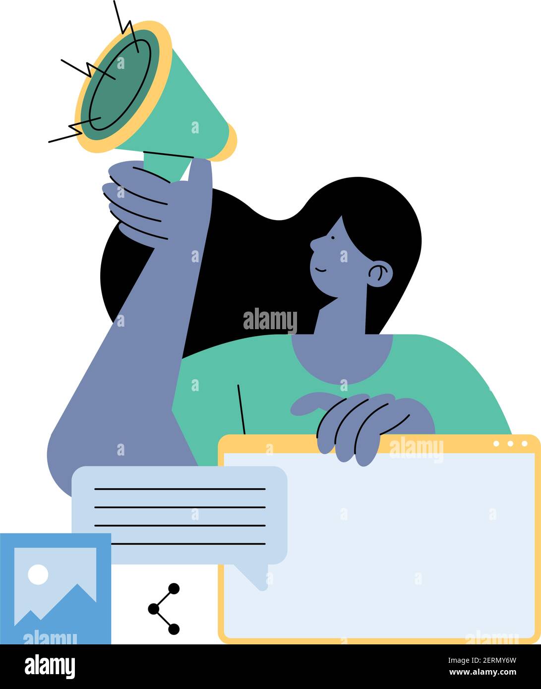 young woman with megaphone and marketing digital icons vector ...