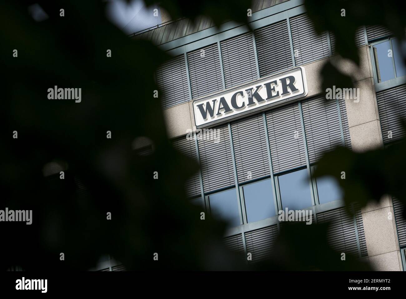 A logo sign outside of the headquarters of Wacker Chemie in Munich ...