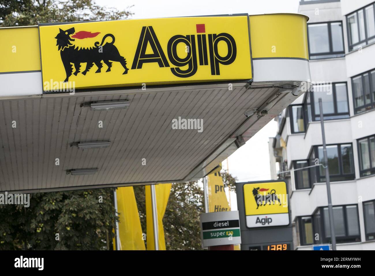 A logo sign outside of a Agip retail fuel station in Munich, Germany ...