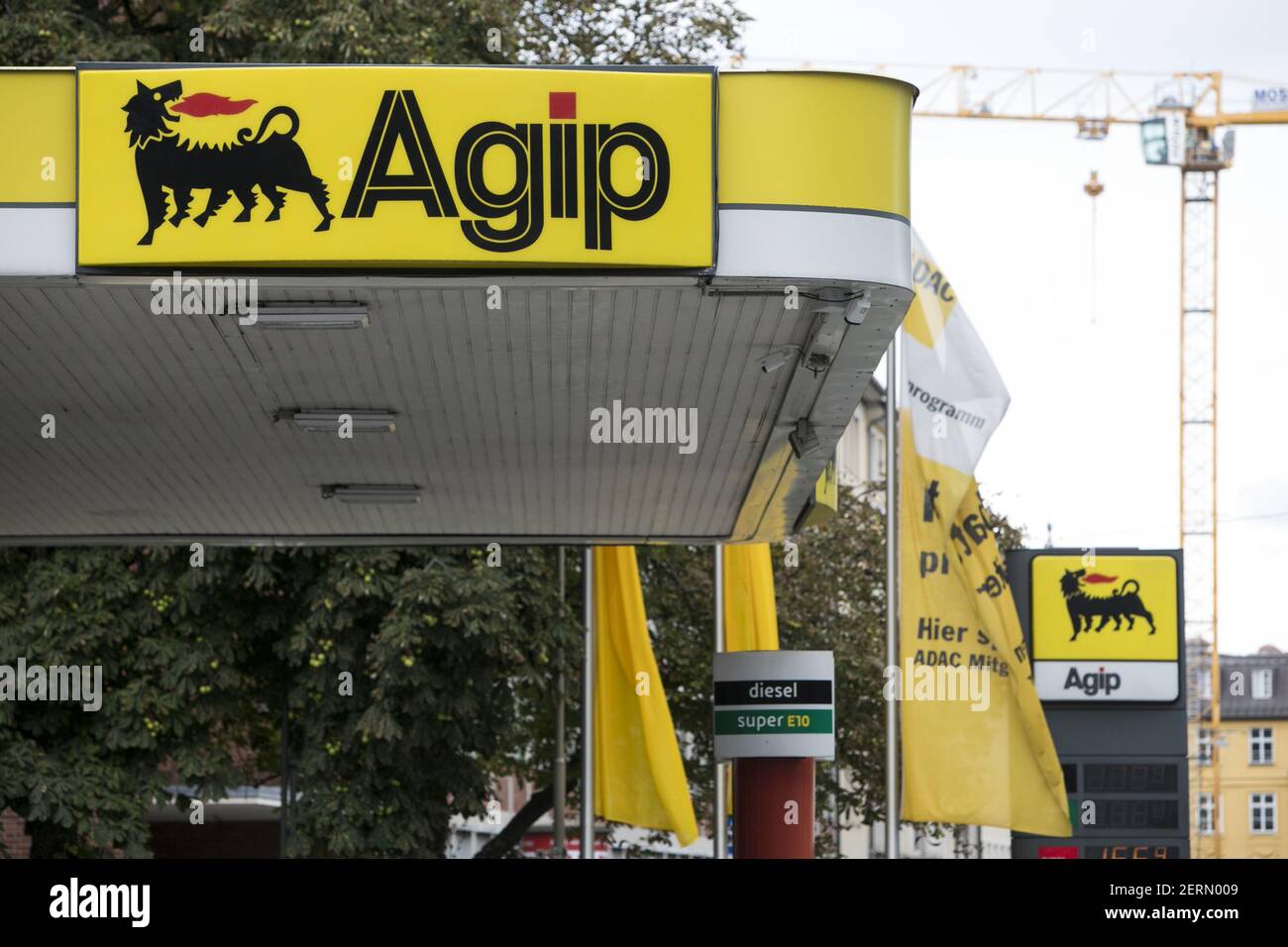 A logo sign outside of a Agip retail fuel station in Munich, Germany ...