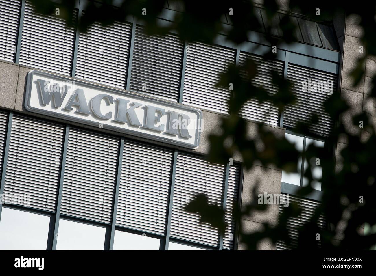 A logo sign outside of the headquarters of Wacker Chemie in Munich ...