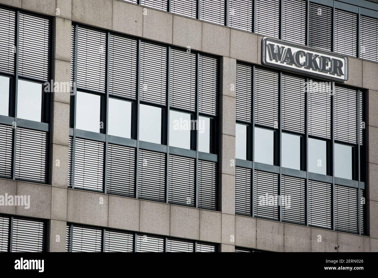 A logo sign outside of the headquarters of Wacker Chemie in Munich ...