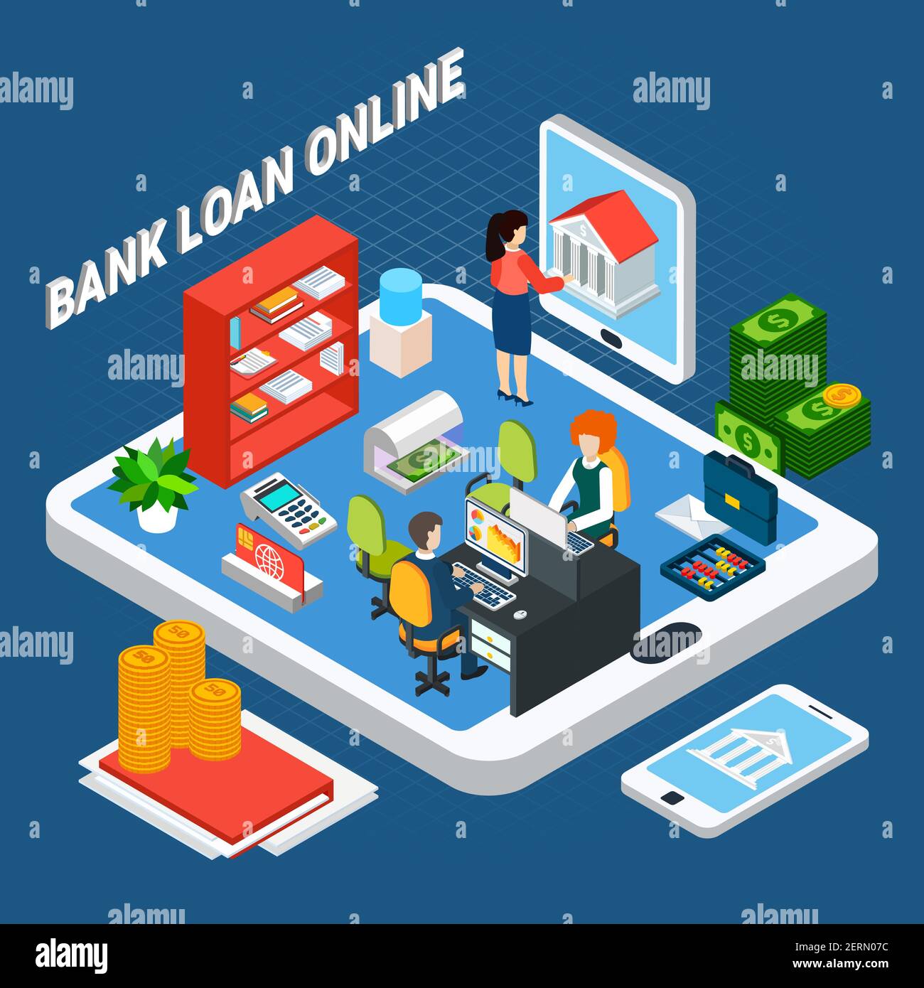 Loans isometric background composition with pieces of bank office ...