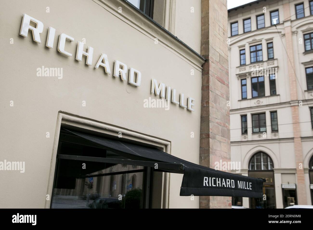 A logo sign outside of a Richard Mille retail store in Munich, Germany ...
