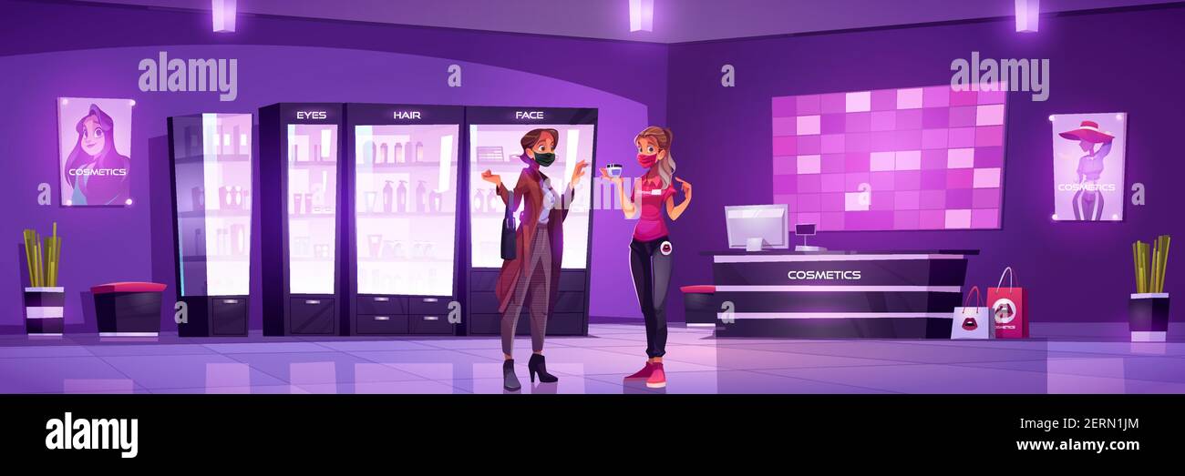 Cosmetic shop interior with woman and seller in medical face masks ...