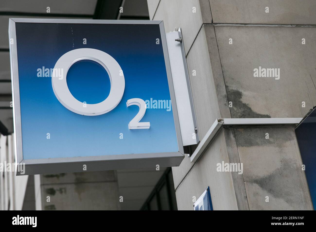 A logo sign outside of a Telefónica Europe 02 retail store in Munich ...
