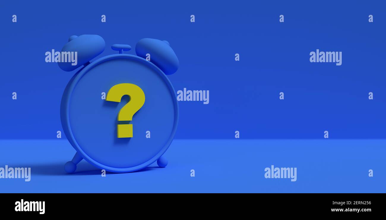 3D rendered clock message concept: Question mark sign in yellow ...