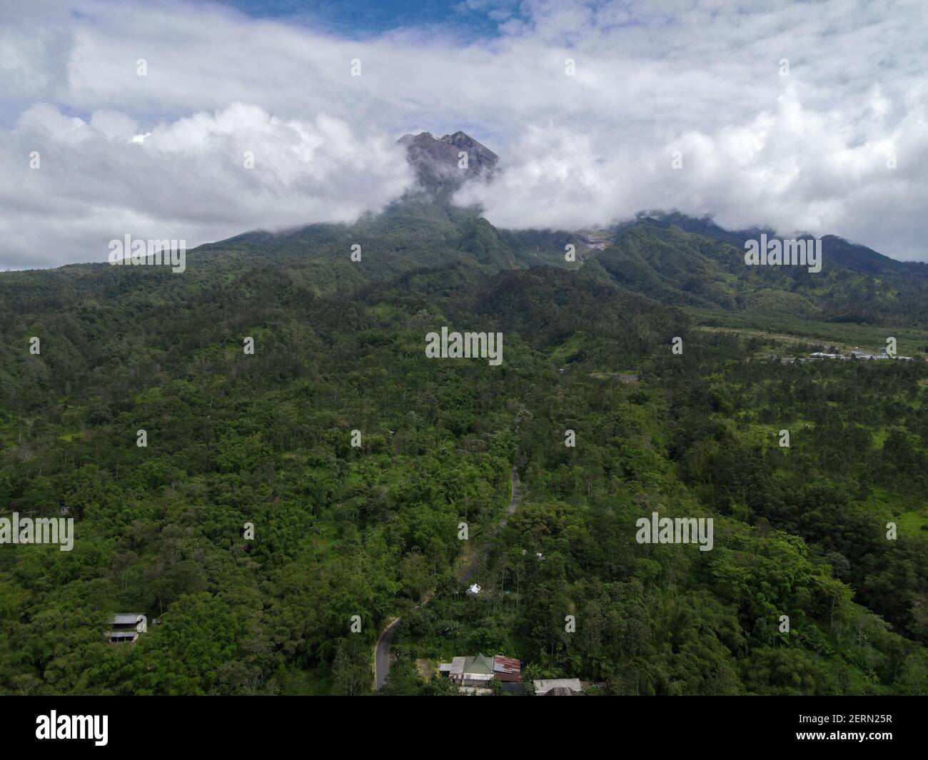 Aerial view of Mount Merapi Landscape with rice field and village in ...