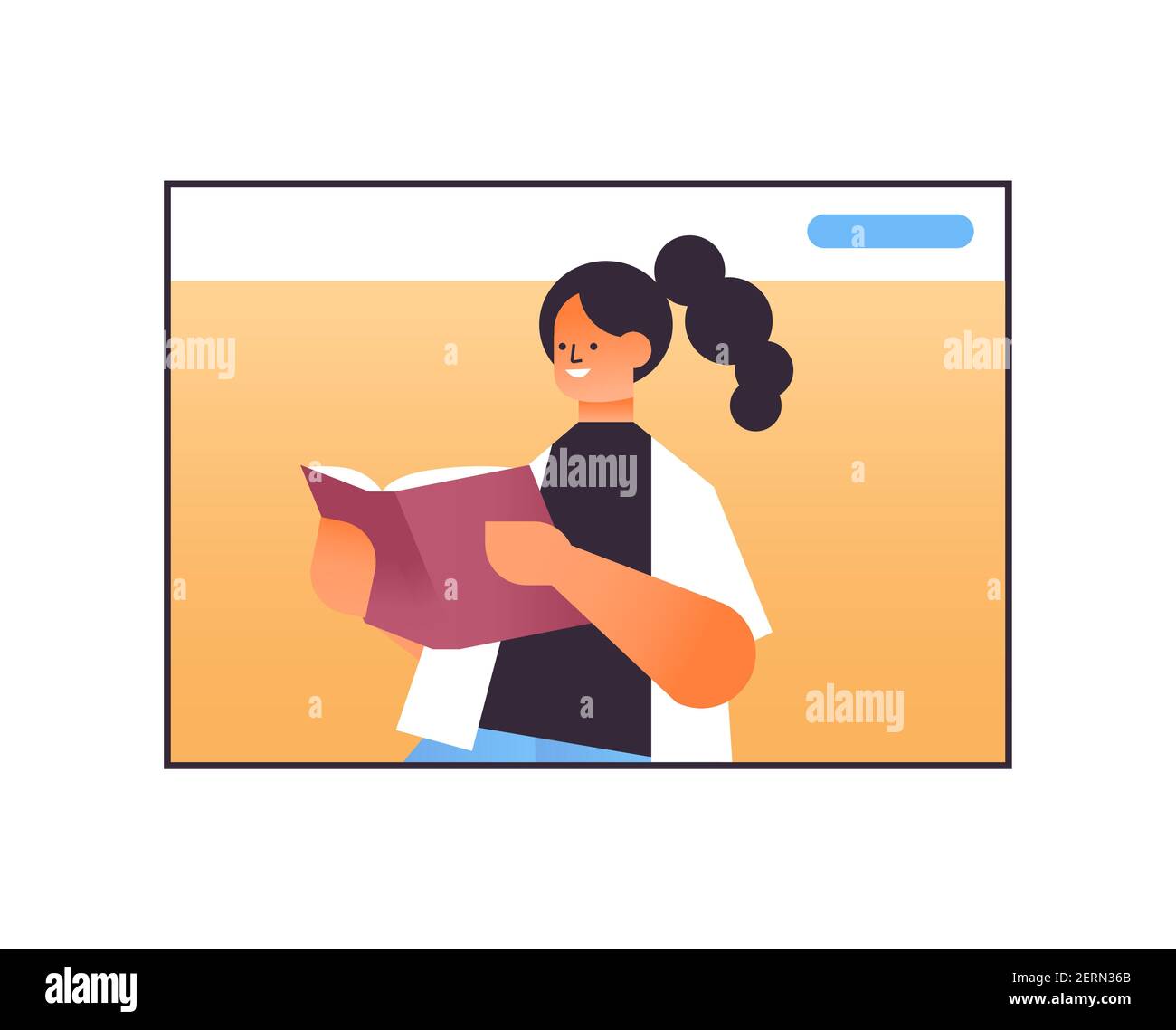 woman reading book in web browser window online teacher e-learning ...