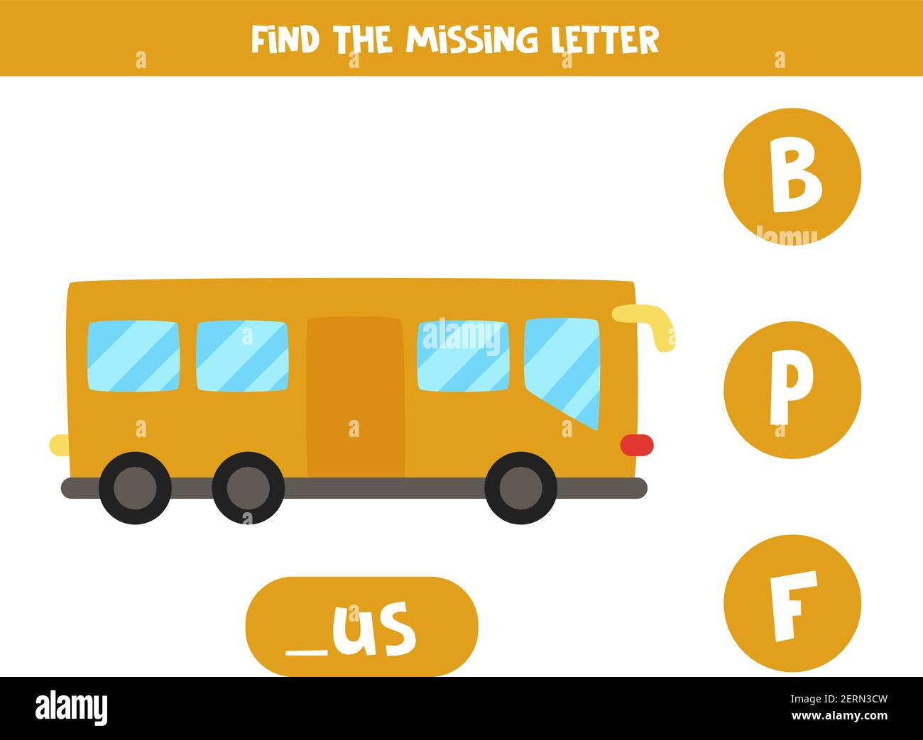 Find missing letter. Cartoon city bus. Educational spelling game for ...