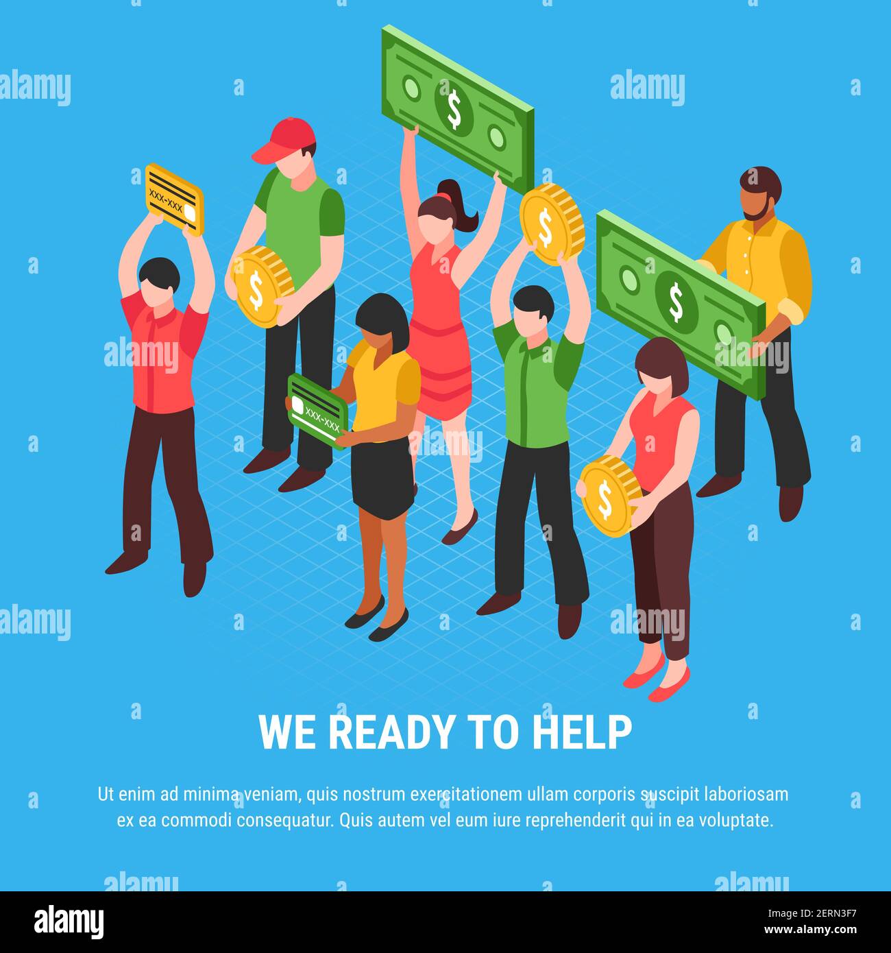 People ready for help isometric poster with young characters holding ...