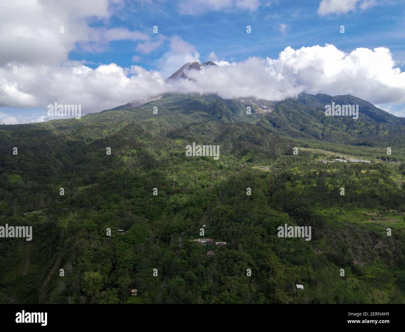 Aerial view of Mount Merapi Landscape with rice field and village in ...