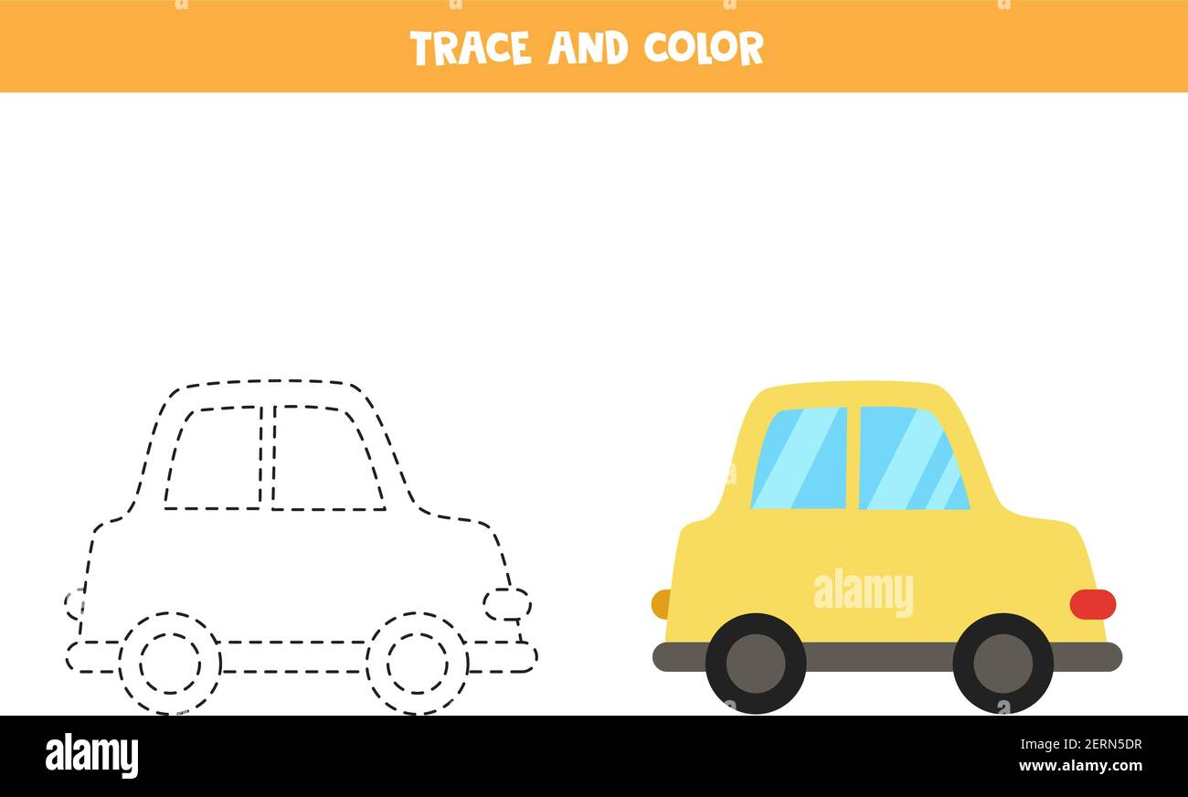 Trace and color cartoon yellow car. Educational game for kids. Writing ...