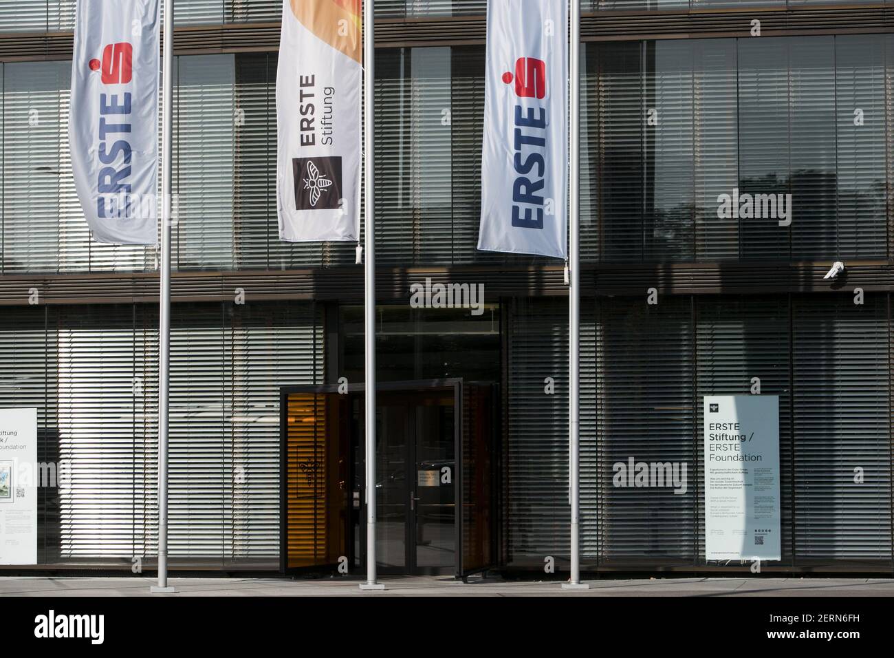 A logo sign outside of the headquarters of the Erste Group Bank and ...