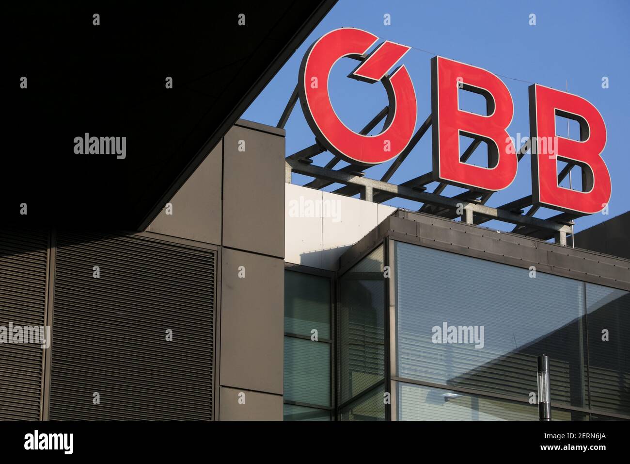 A logo sign outside of a OBB (Austrian Federal Railways) railroad ...