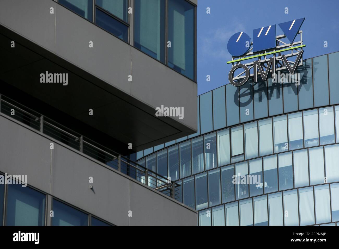 A logo sign outside of the headquarters of OMV AG in Vienna, Austria ...