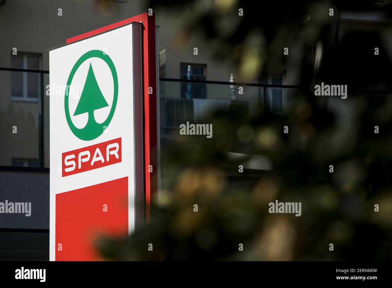 A logo sign outside of a SPAR retail grocery store in Vienna, Austria ...