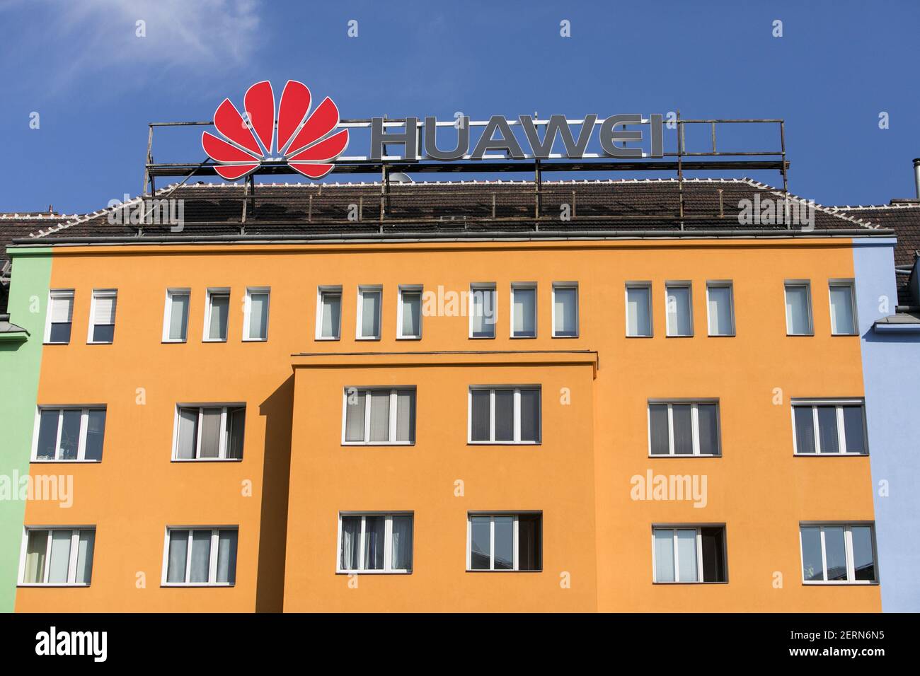 A logo sign outside of a facility occupied by Huawei Technologies in ...