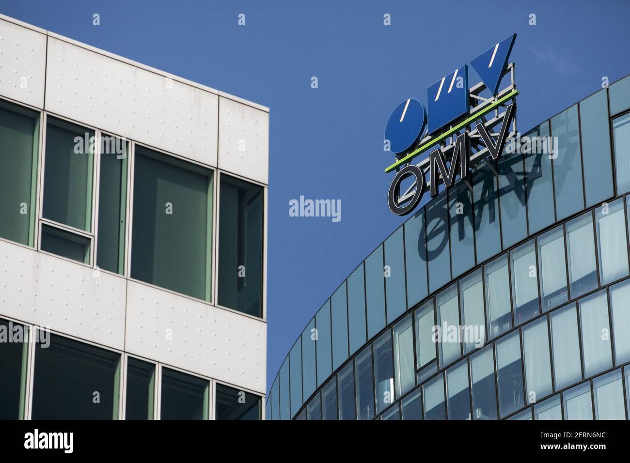 A logo sign outside of the headquarters of OMV AG in Vienna, Austria ...