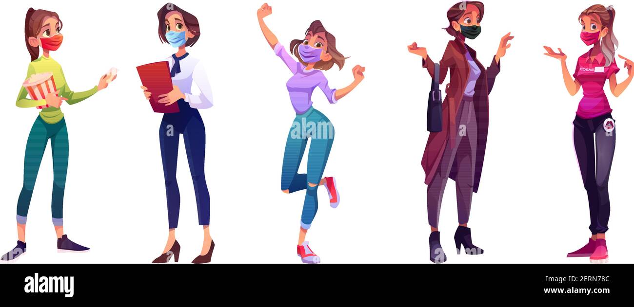 Group of women in face masks. Female characters different professions ...